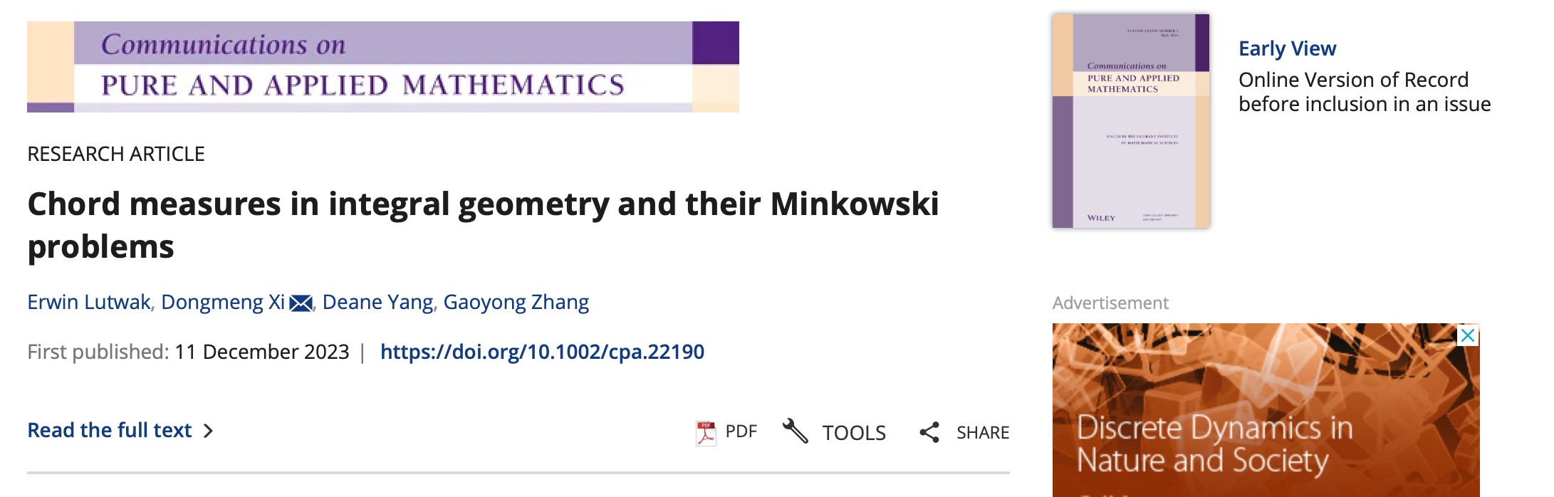 数学系席东盟教授在《Comm. Pure Appl. Math.》与《Math. Ann.》上发表科研成果-上海大学理学院